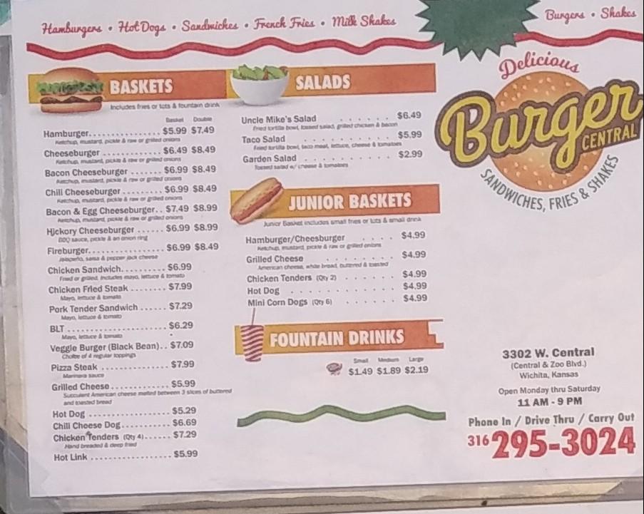 Menu at Burger Central restaurant, Wichita