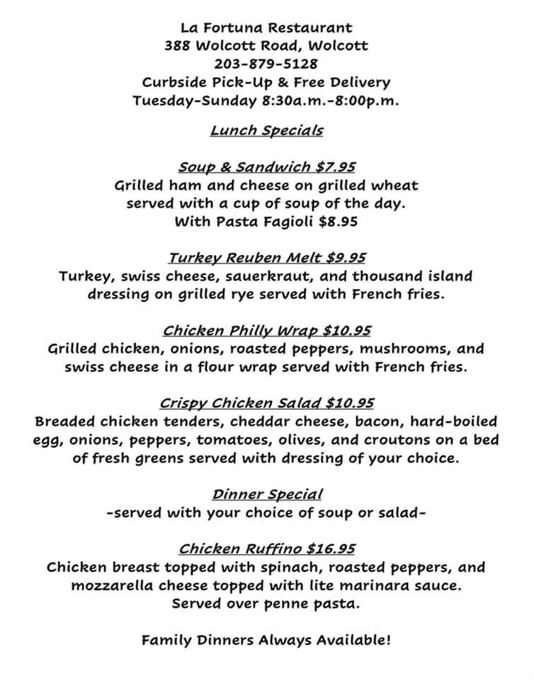 Menu at La Fortuna Restaurant, Wolcott
