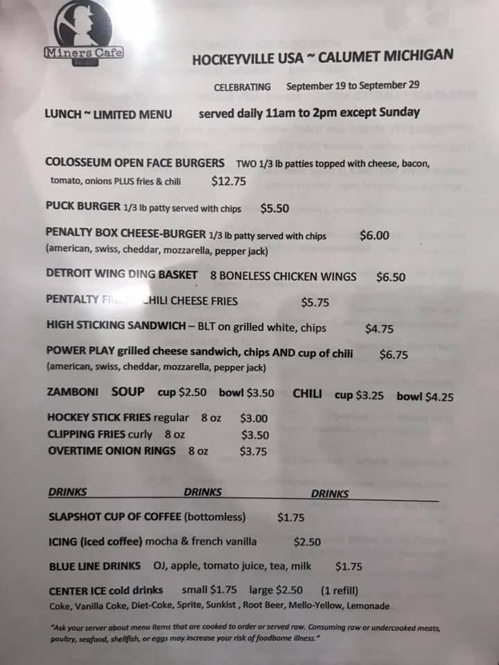 Menu at Miners' Cafe, Calumet Township