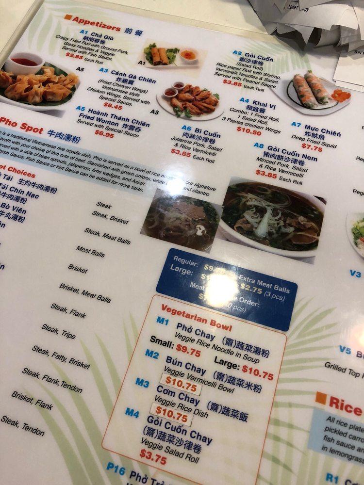 Menu at Pho Spot restaurant, North Vancouver, Lonsdale Ave