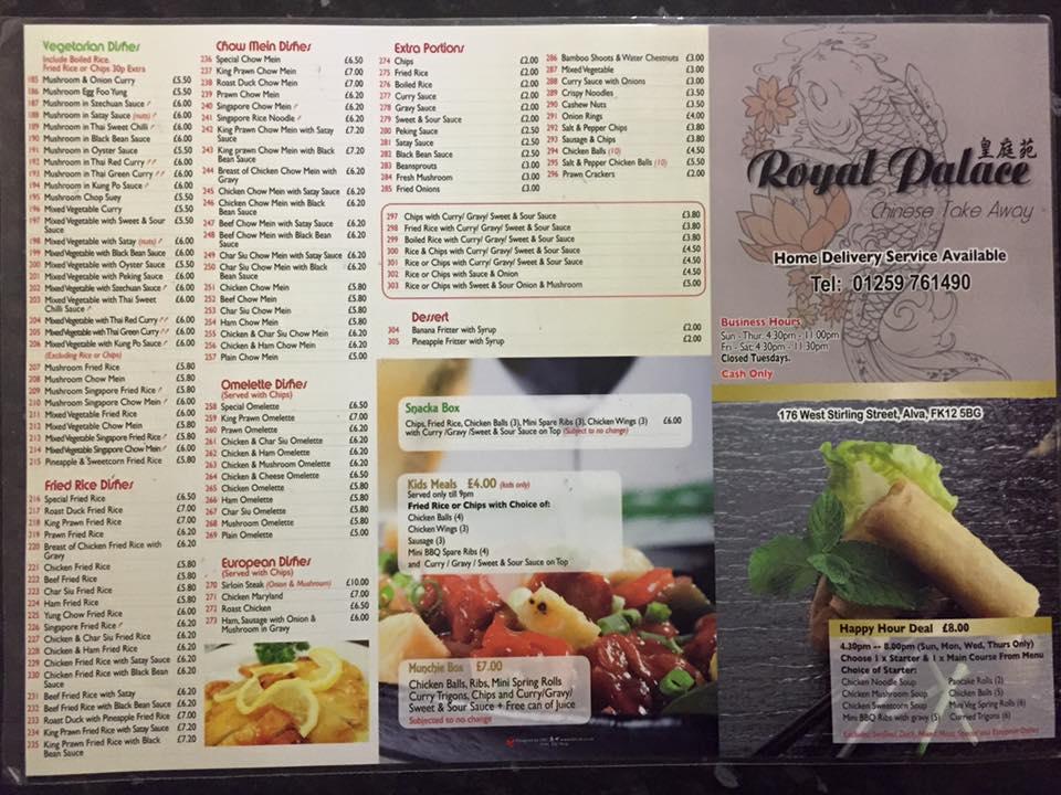 Menu at Royal Palace restaurant, Alva