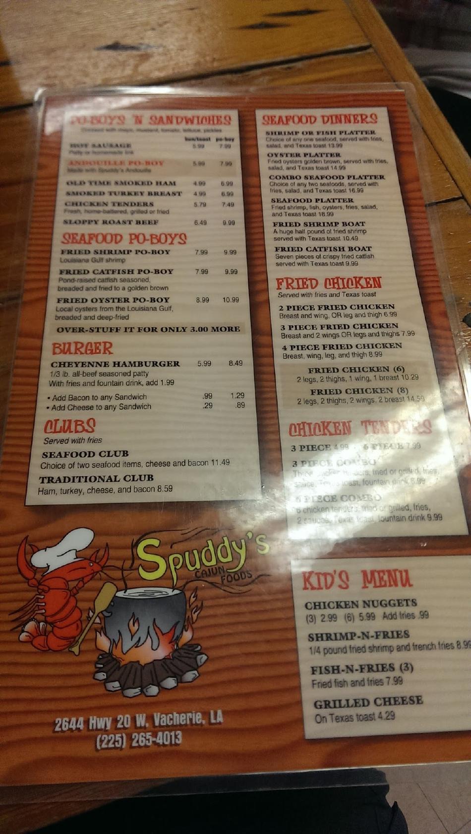 Menu at Spuddy's Cajun Foods restaurant, Vacherie