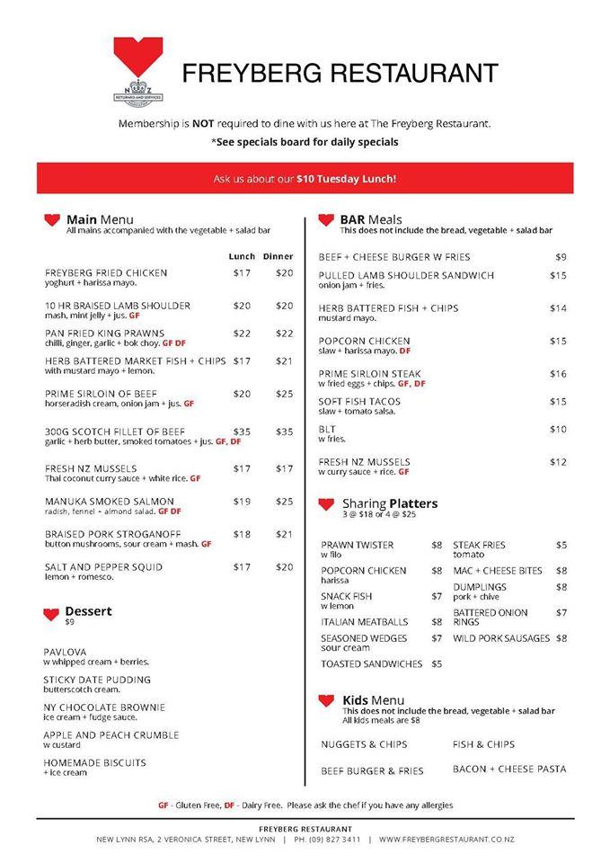 Menu at The Freyberg Restaurant - New Lynn RSA, Auckland