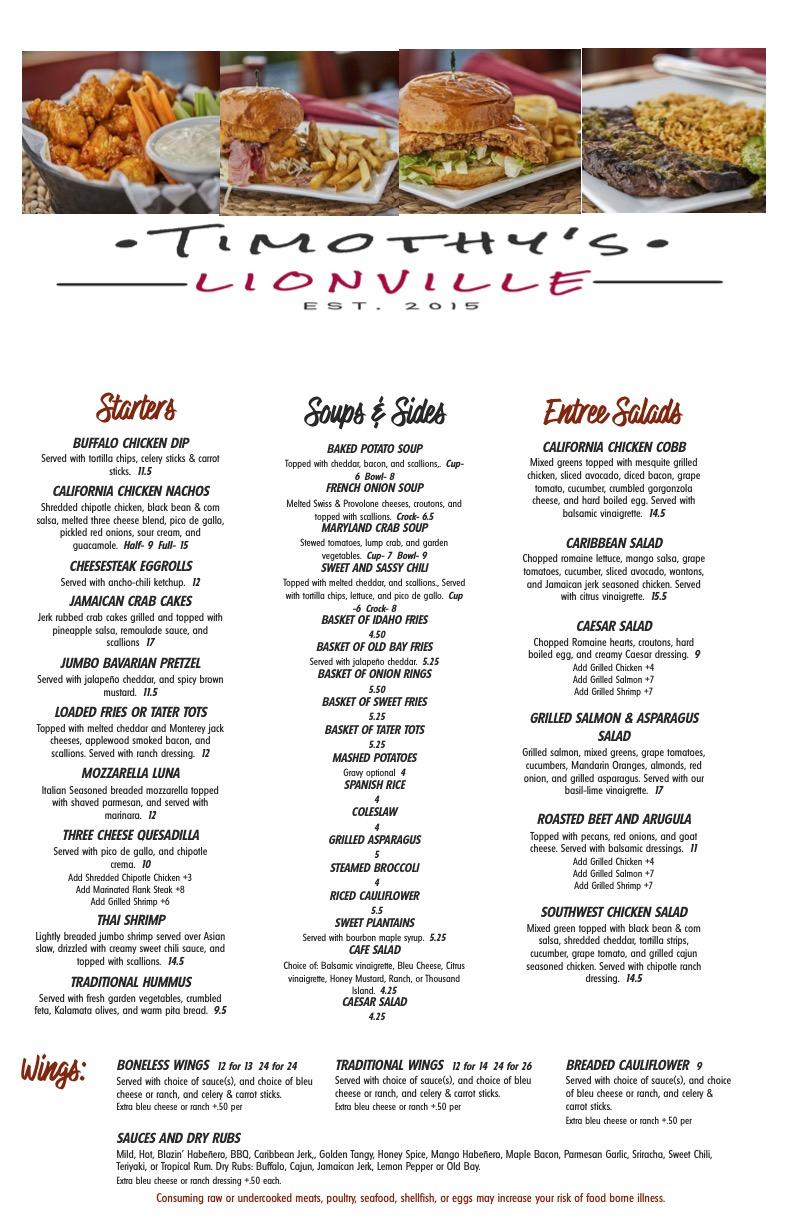 Menu at Timothy's Lionville pub & bar, Exton