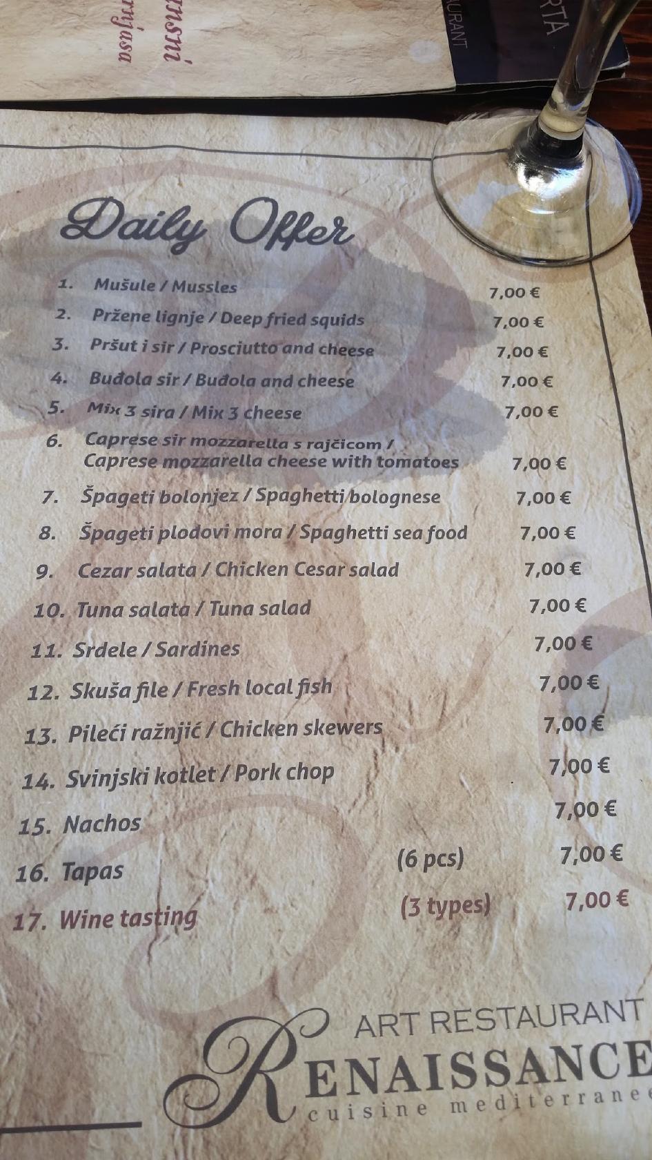 Menu at Art Restaurant Renaissance, Dubrovnik