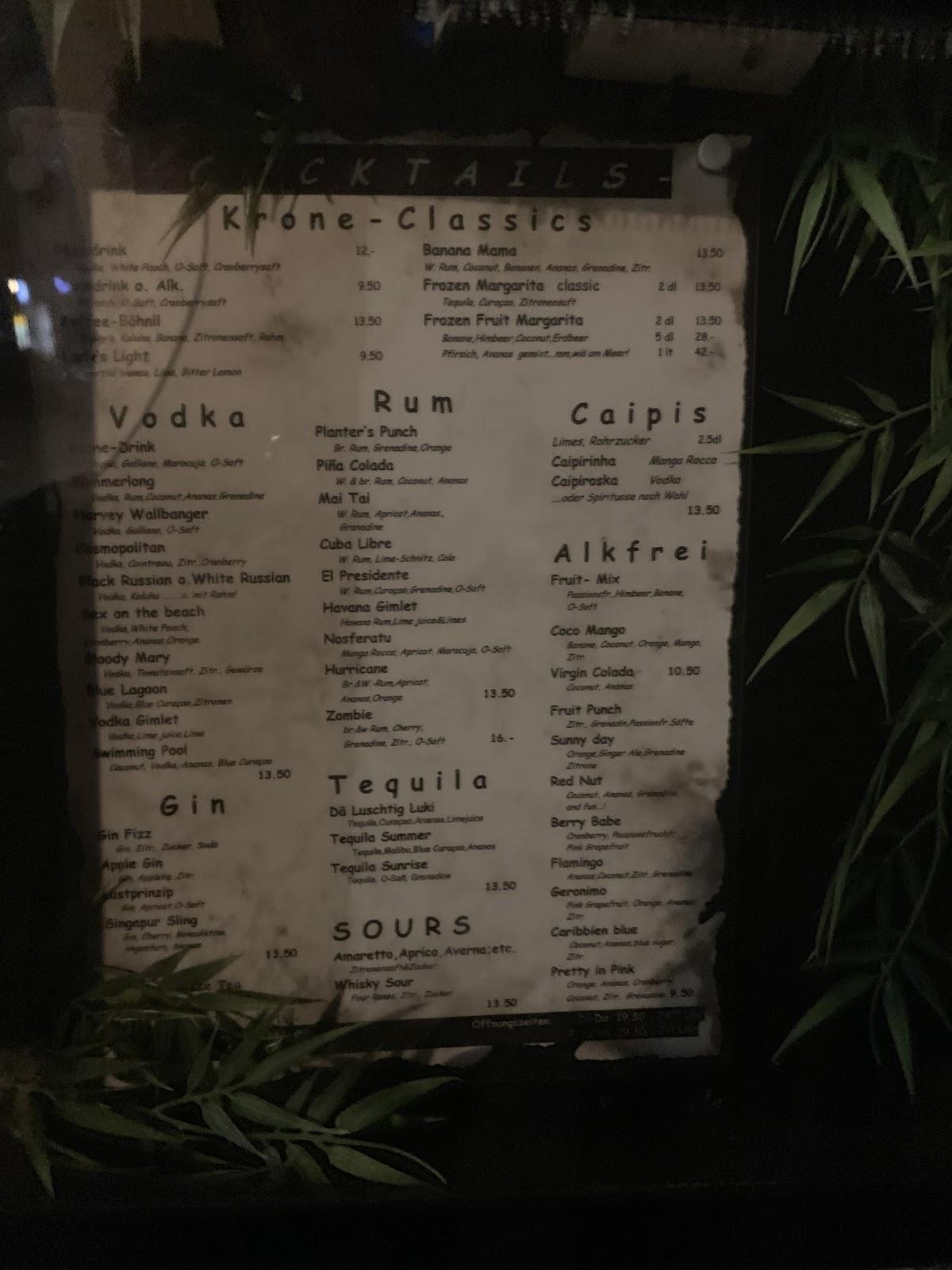 Menu at Bistro Krone Bar Einsiedeln, Einsiedeln, Hauptstrasse 69