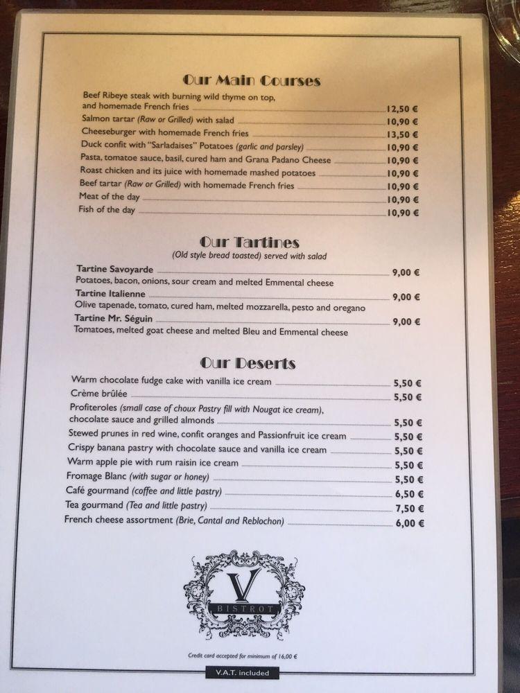 Menu at Bistrot Victoires restaurant, Paris, 6 Rue de la Vrillière