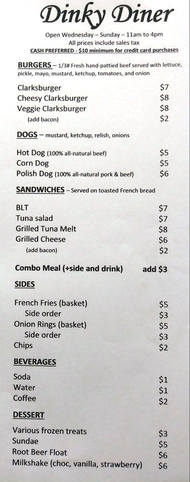 Menu at Dinky Diner restaurant, Clarksburg
