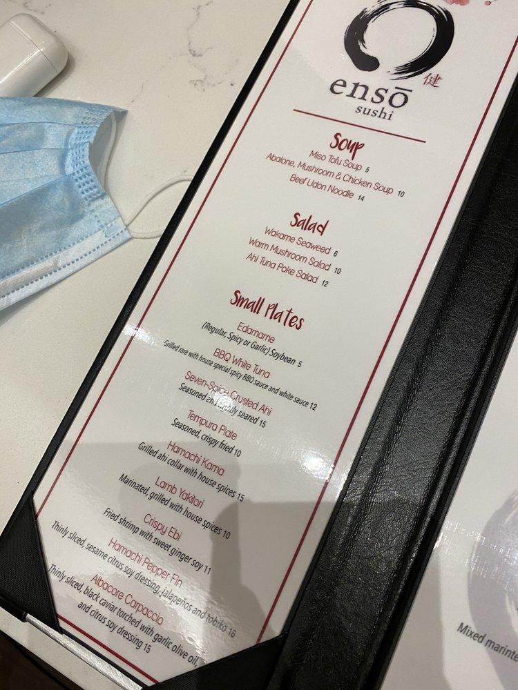 Menu at Enso Sushi restaurant, Brooks