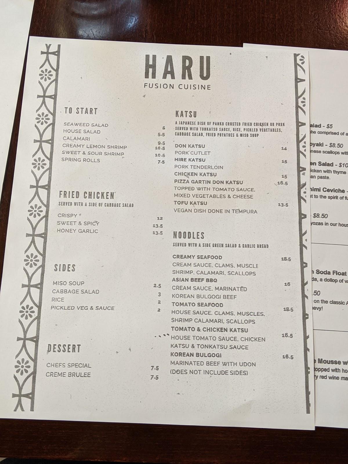 Menu at Haru Fusion Cuisine restaurant, Squamish