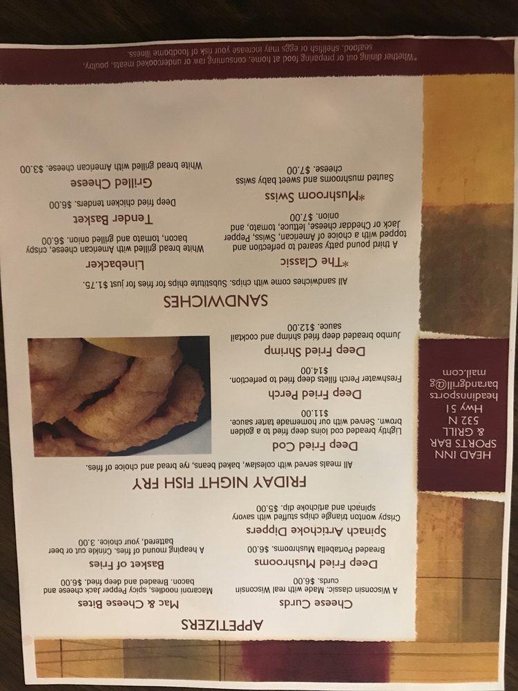 Menu at Head Inn Sports Bar & Grill, Poynette