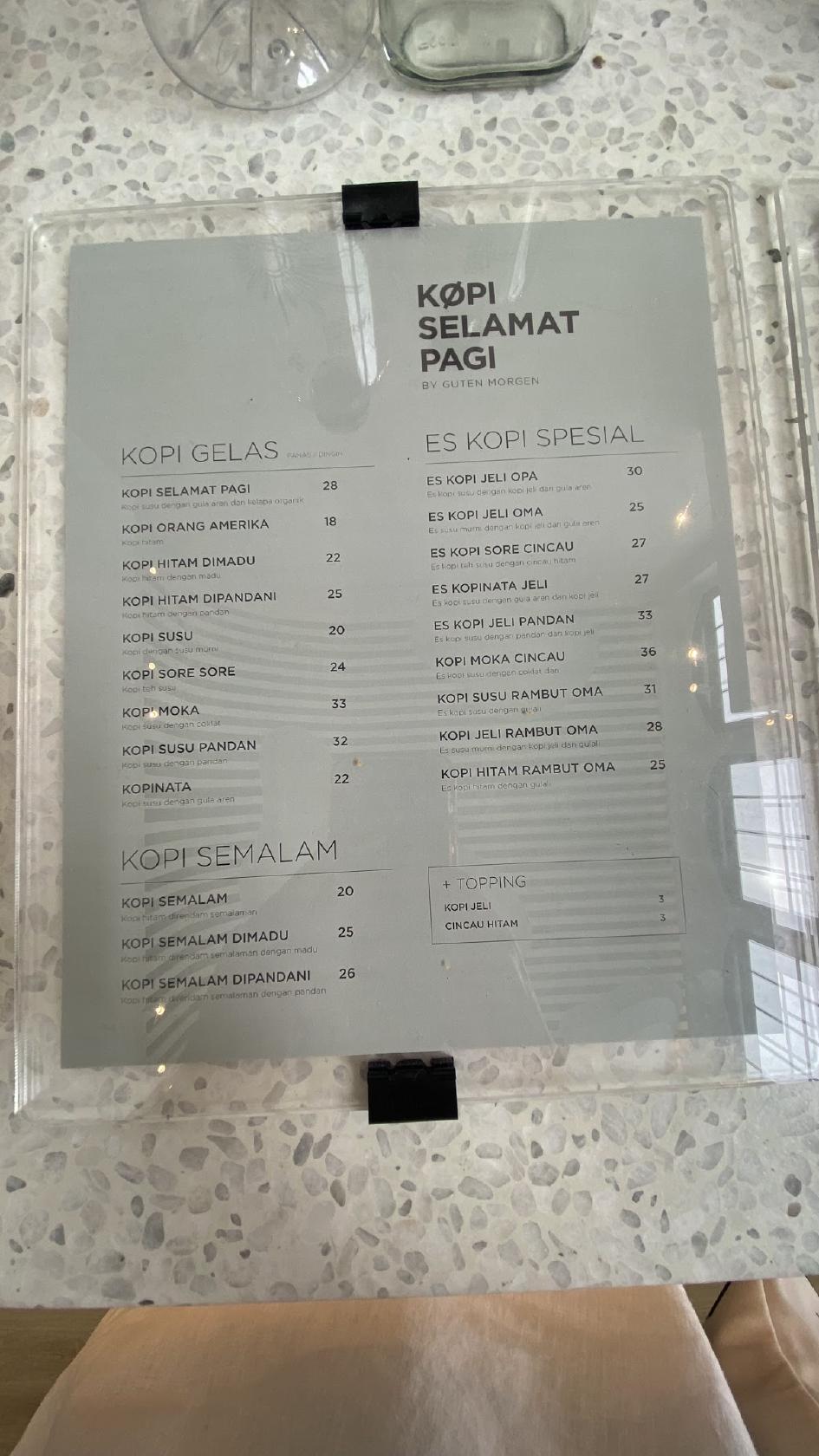 Menu at Kopi Selamat Pagi - PIK, North Jakarta