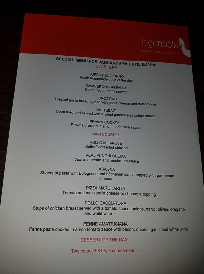 Menu at La Gondola restaurant, Kirkcaldy