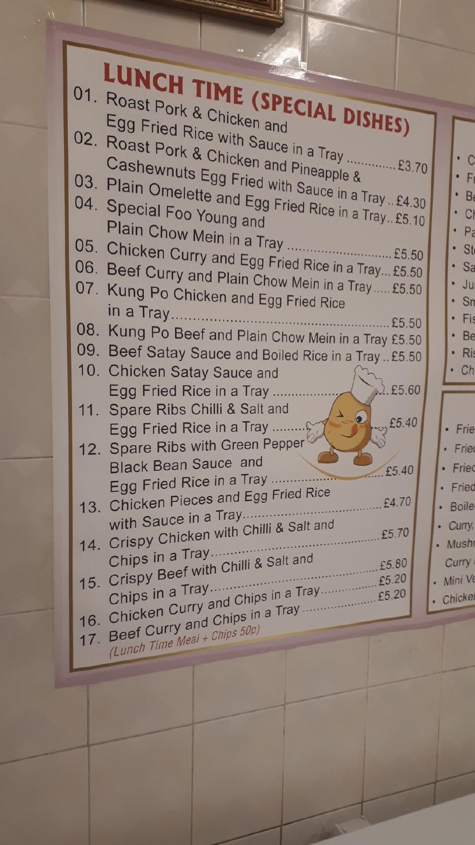 Menu at Mai Wah fast food, Pontypridd