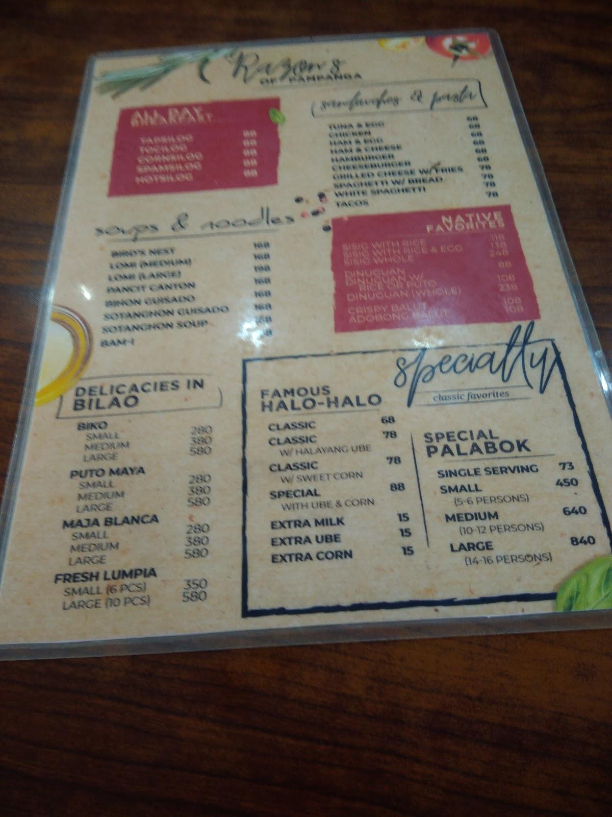 Menu at Razon's of Pampanga restaurant, Butuan City