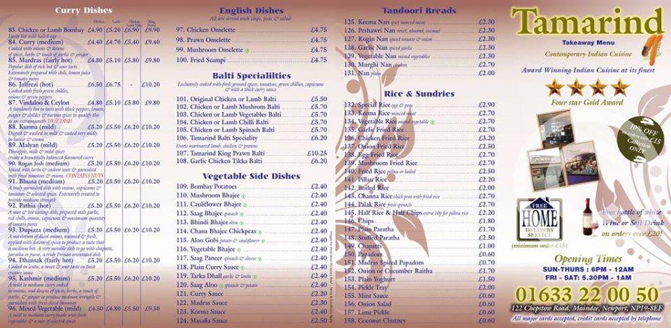 Menu at Tamarind - Indian Restaurant, Newport