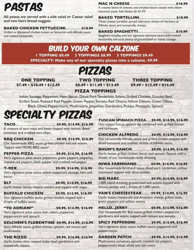 Menu at Van's Pizza Pub & Grill, Davenport, N Harrison St