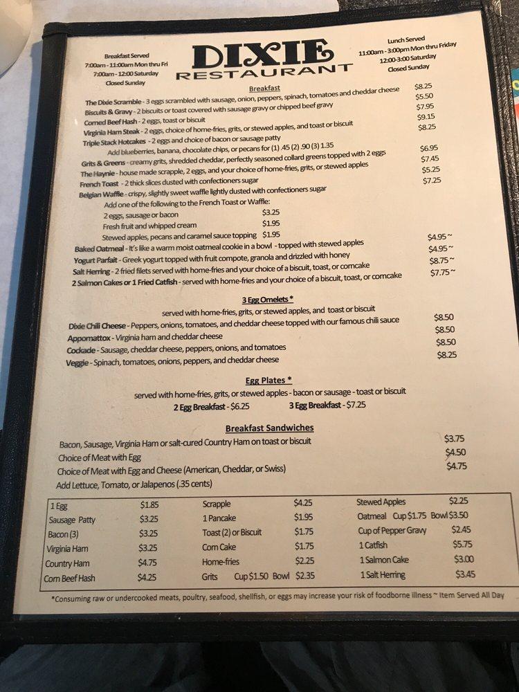 Menu at Dixie Restaurant, Petersburg