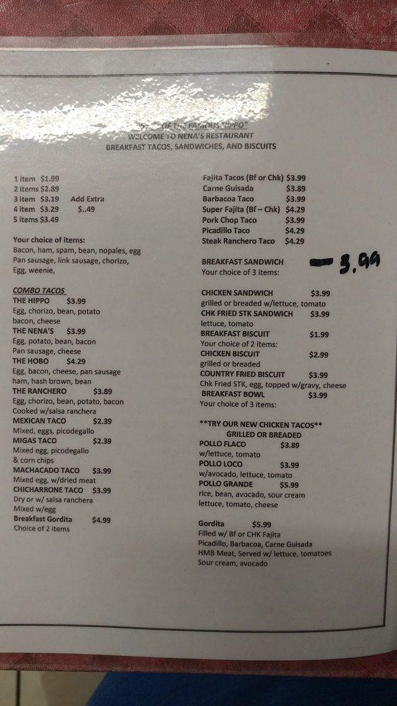 Menu at Nena's Mexican Restaurant, Clute