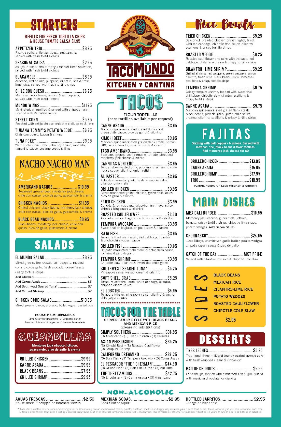 Menu at Taco Mundo Kitchen y Cantina pub & bar, North Myrtle Beach