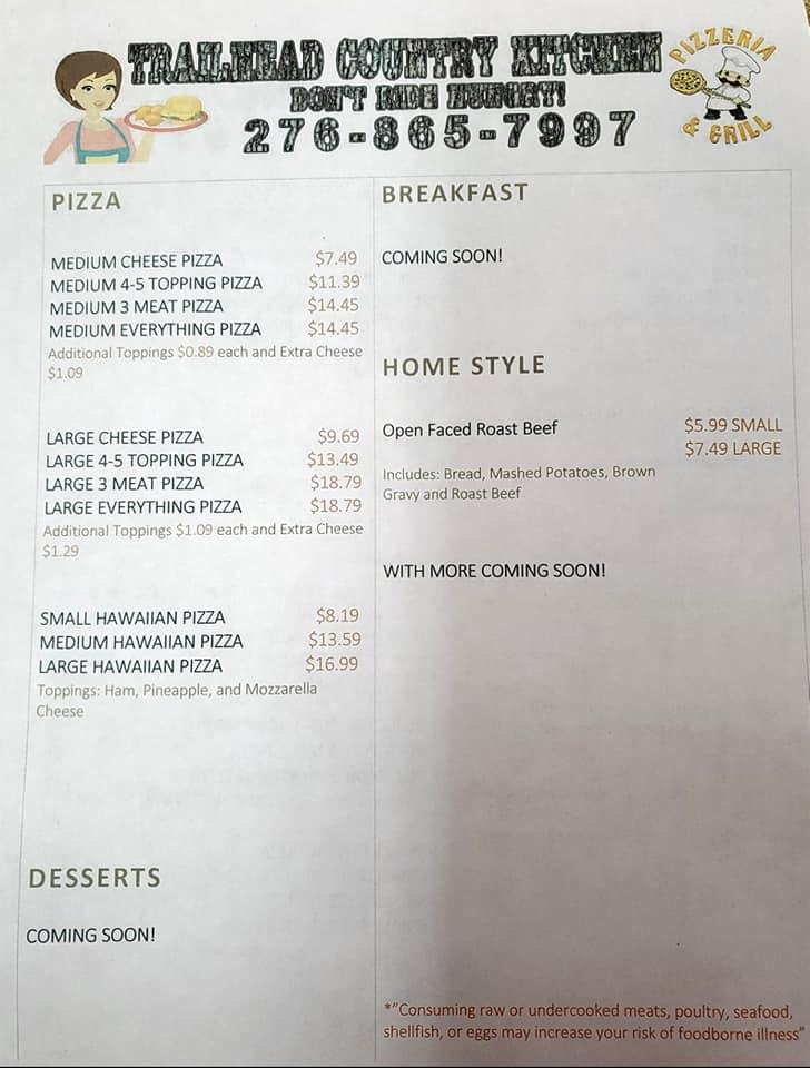 Menu at Trailhead Country Kitchen restaurant, Haysi, Dickenson Hwy