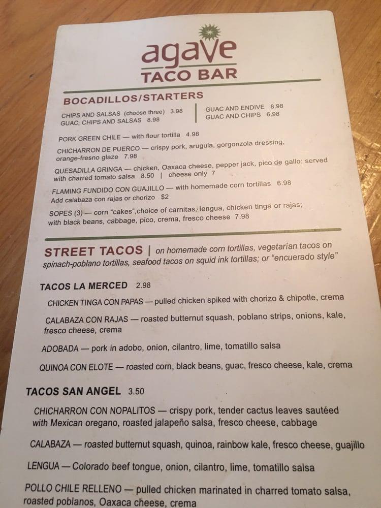Menu at Agave Taco Bar, Denver