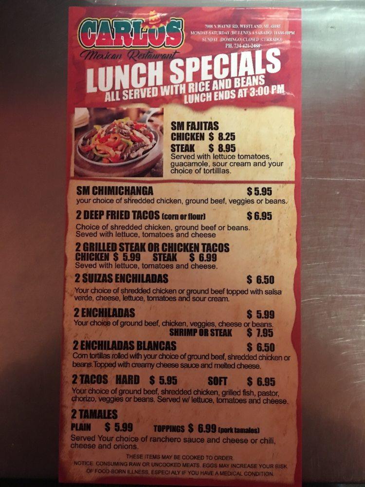 Menu at Carlos' Mexican Restaurant, Westland