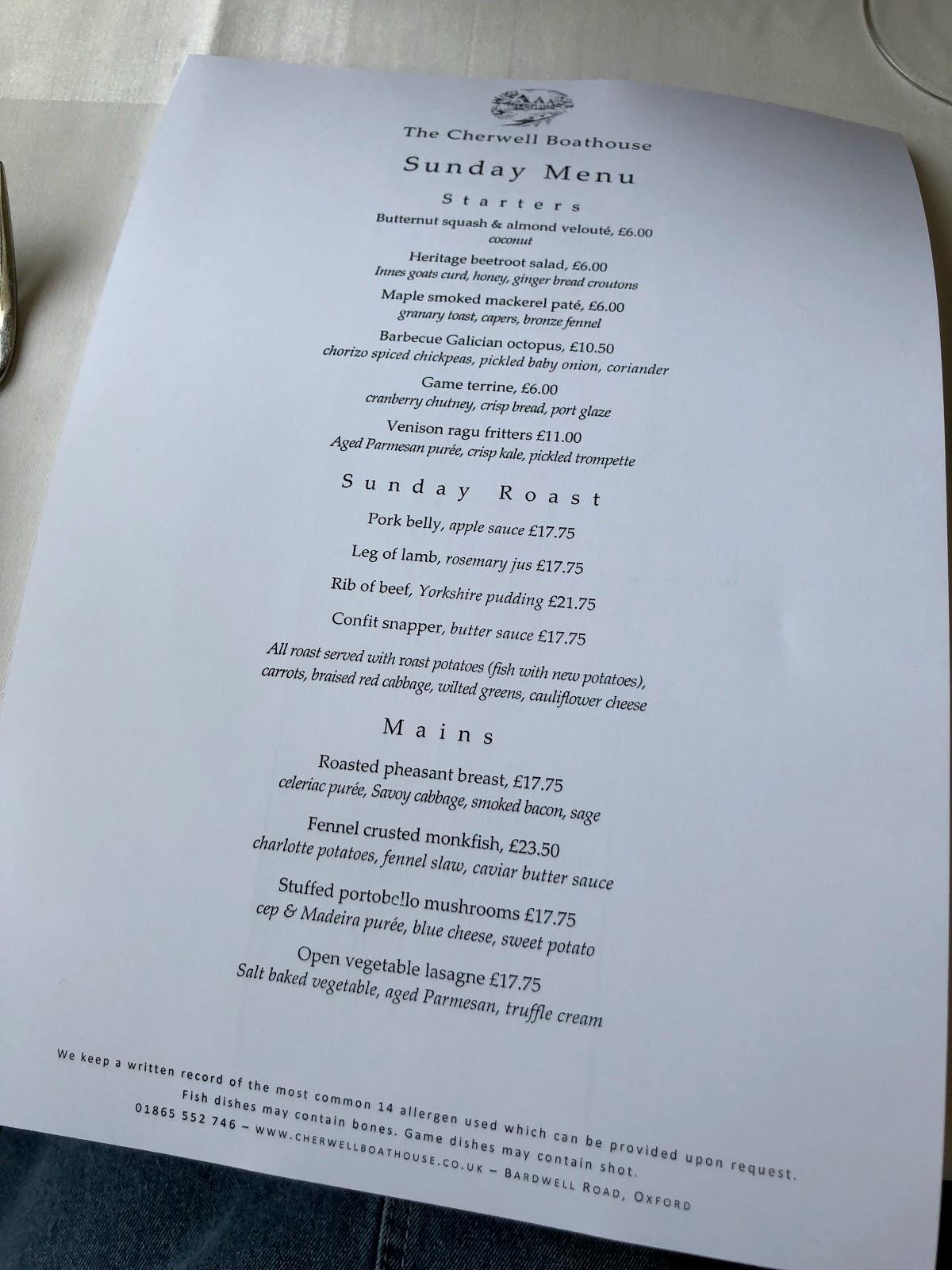 Menu at Cherwell Boathouse Restaurant, Oxford
