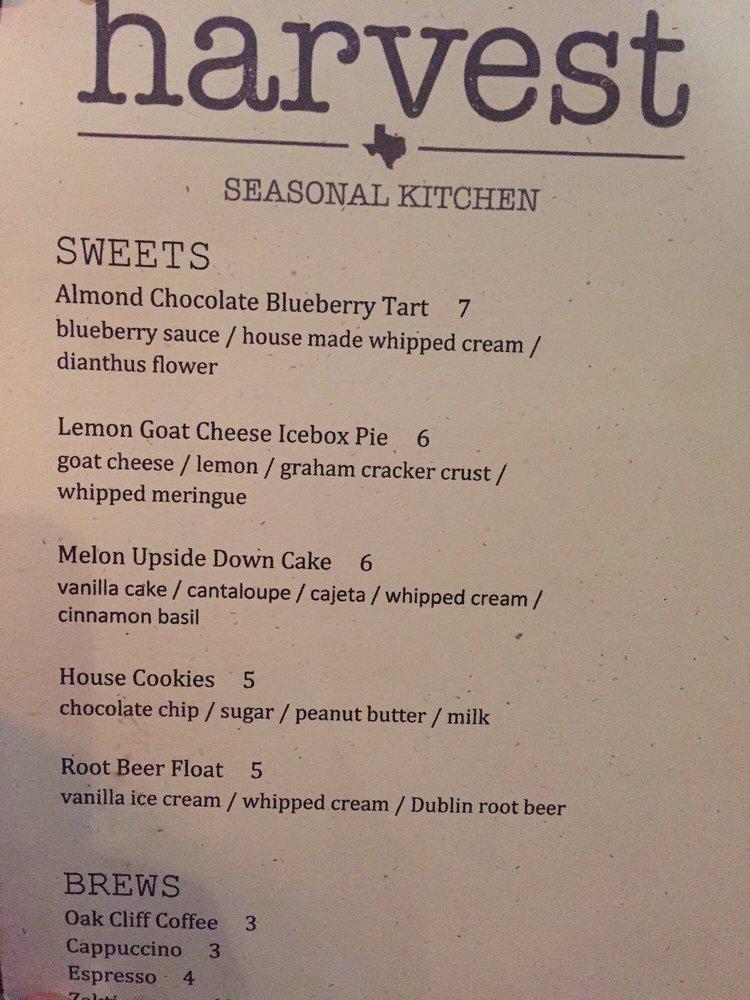 Menu at Harvest restaurant, McKinney