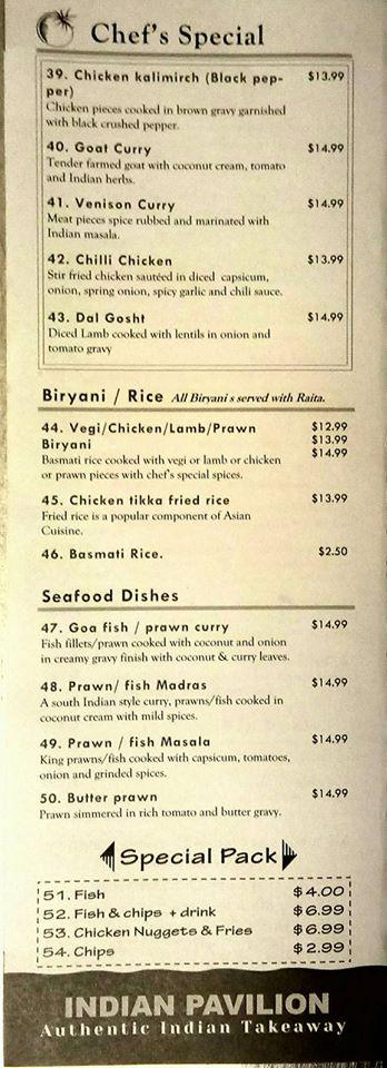 Menu at Indian Pavilion restaurant, Tauranga