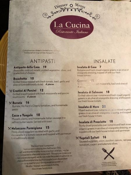 Menu at La Cucina Ristorante Italiano restaurant, Honolulu