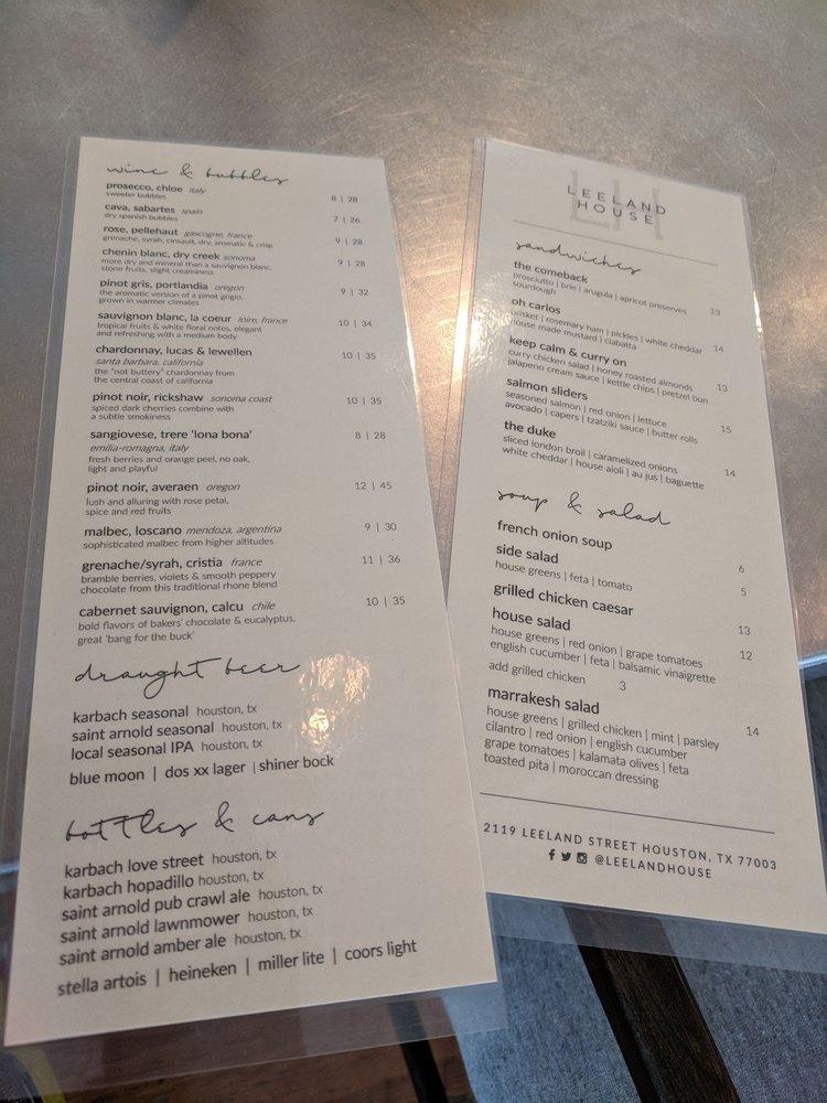 Menu at Leeland House pub & bar, Houston