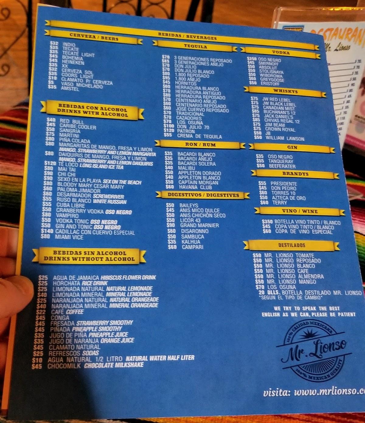 Menu at Mr. Lionso Plazuela Machado restaurant, Mazatlán