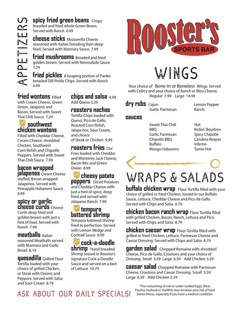 Menu at Roosters Sports Bar - Tulsa, Tulsa