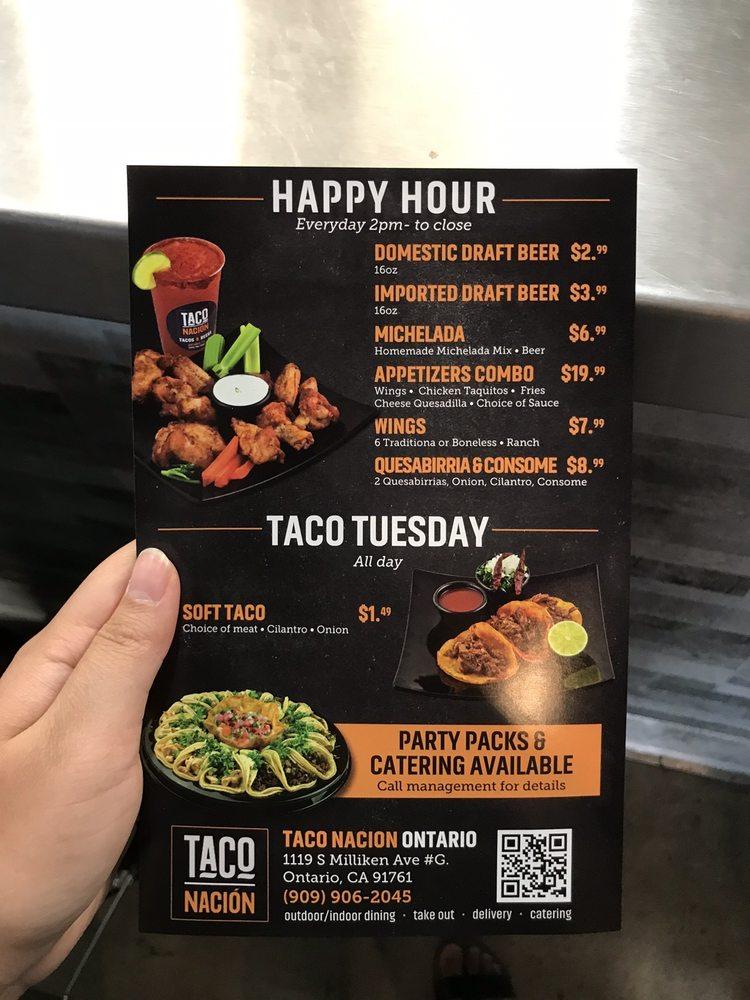 Menu at Taco Nacion restaurant, Ontario