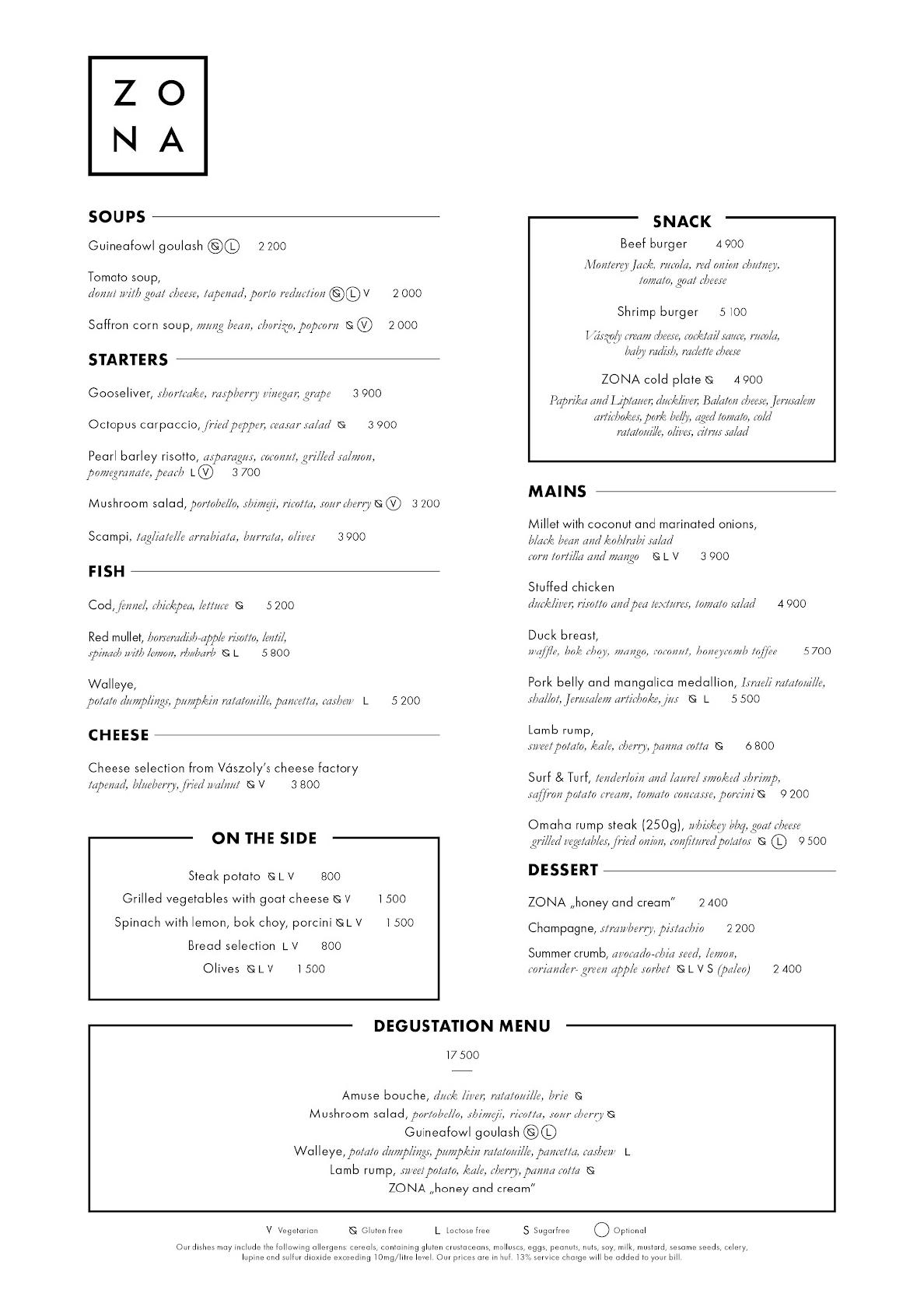 Menu at ZONA restaurant, Budapest