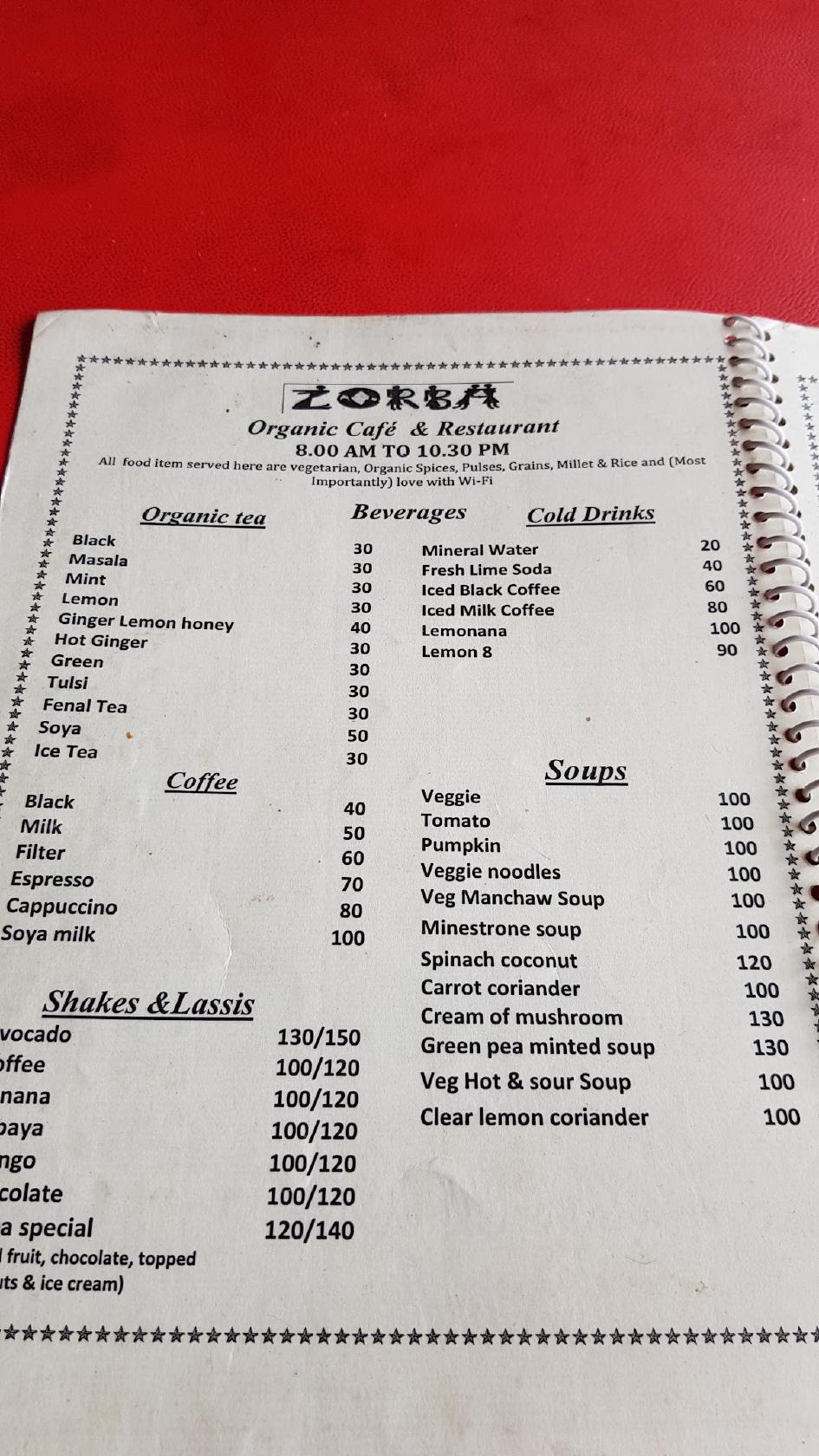 Menu at Zorba Organic Restaurant & Cafe, Rishikesh