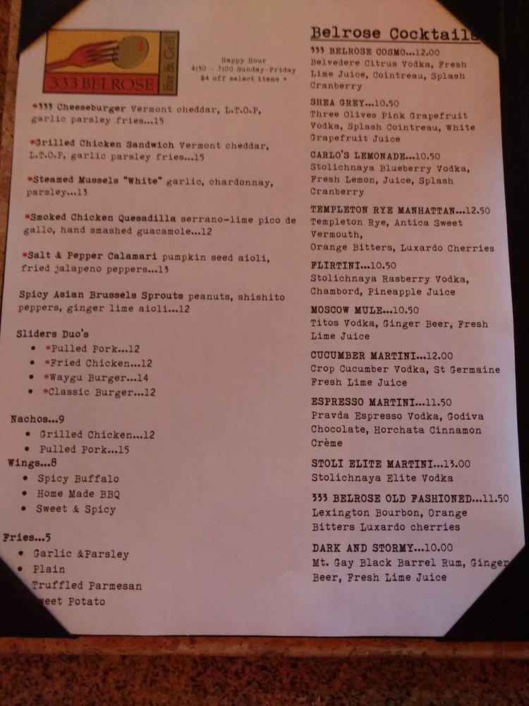 Menu at 333 Belrose Bar & Grill, Wayne