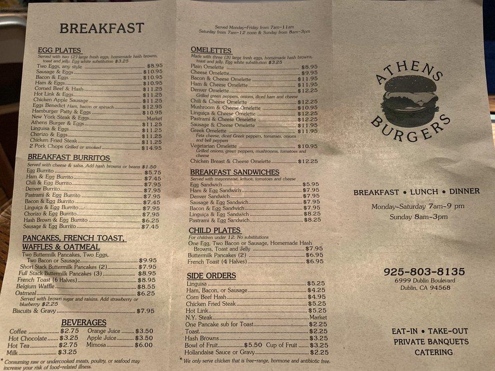 Menu at Athens Burger Restaurant, Dublin