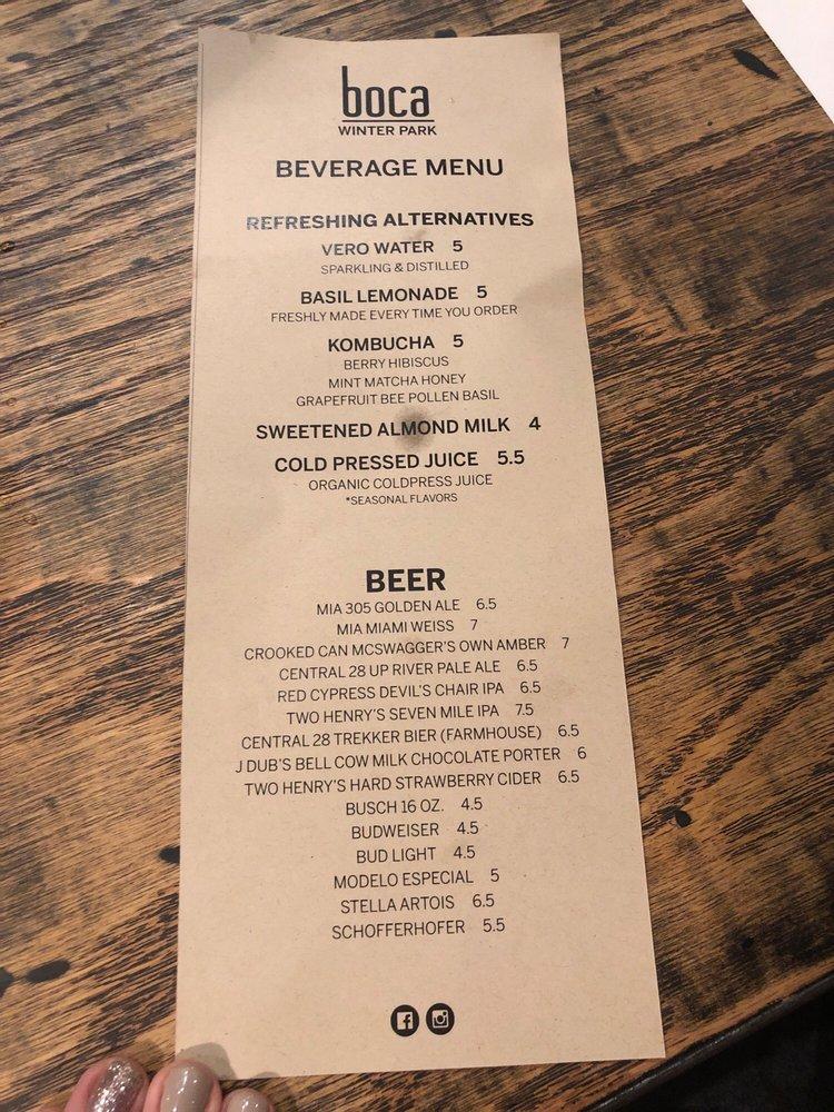 Menu at Boca pub & bar, Winter Park