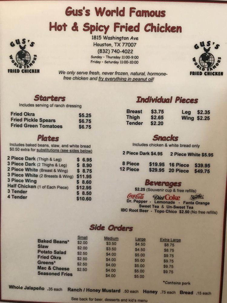 Menu at Gus's World Famous Fried Chicken restaurant, Houston ...