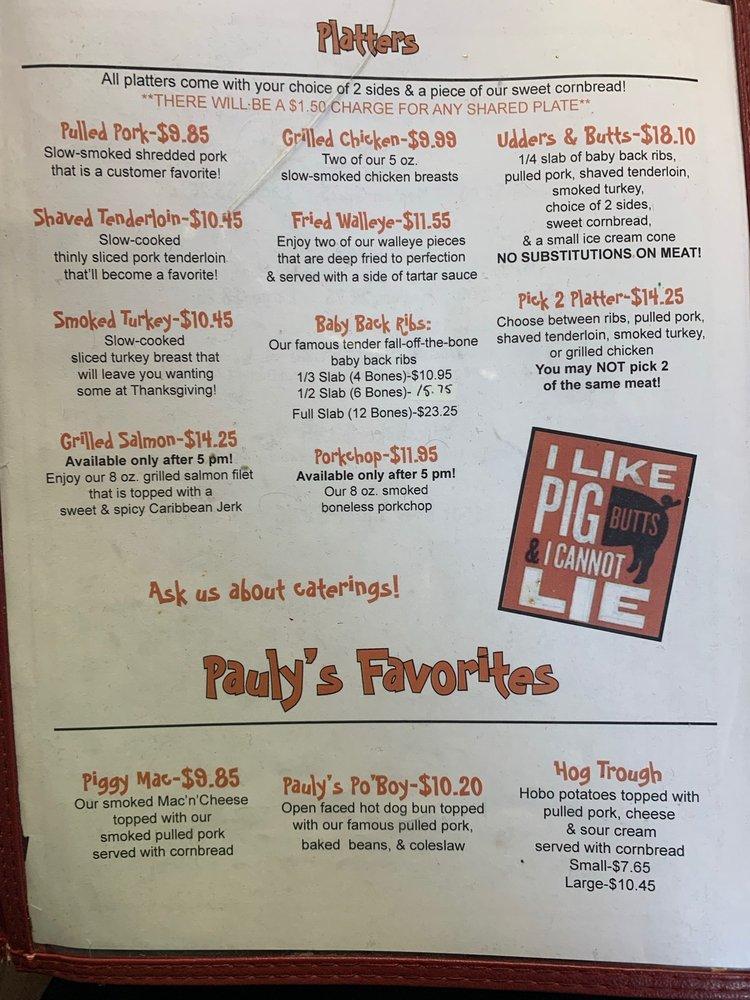 Menu at Pauly's BBQ, Arthur
