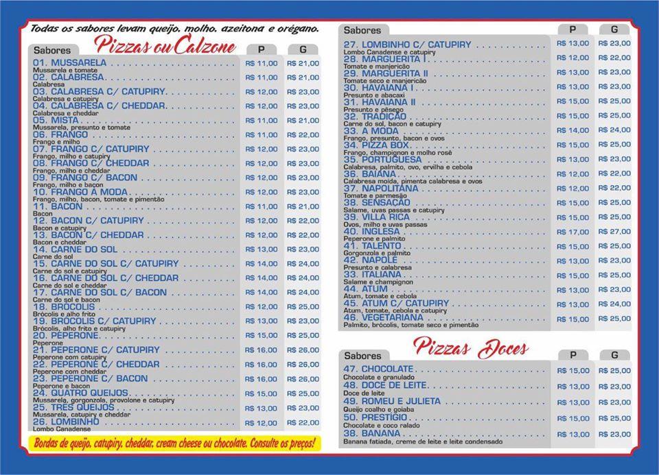 Menu at Pizza Box restaurant, Fortaleza