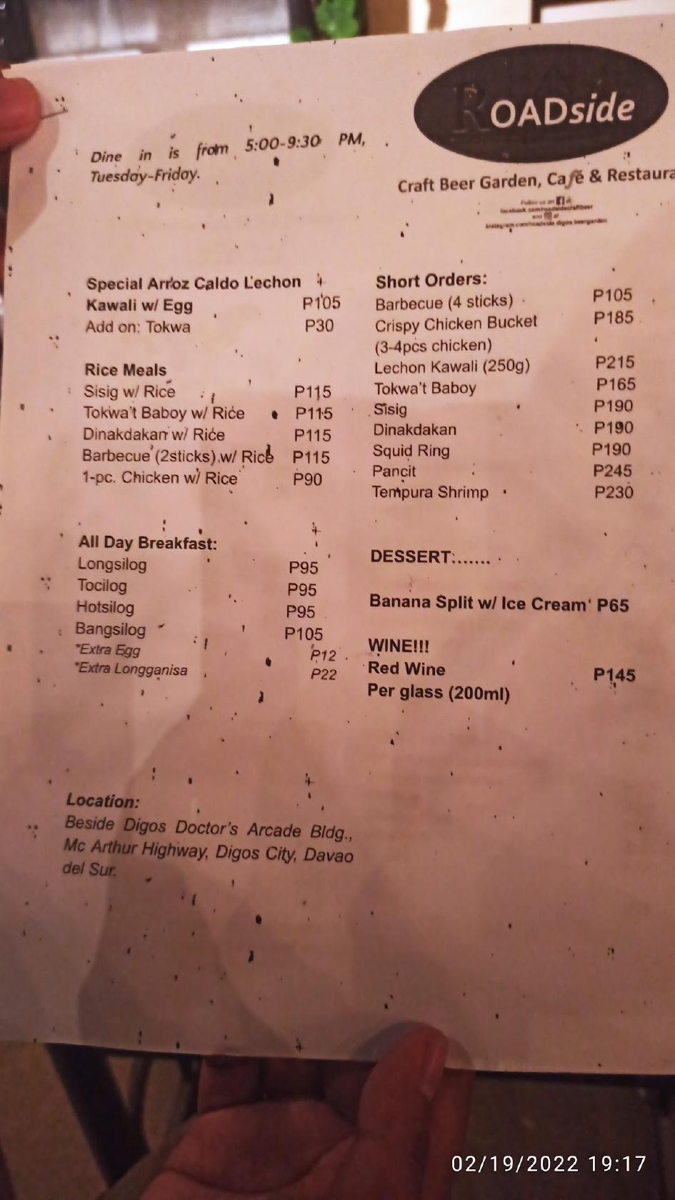 Menu at Roadside Digos Craft Beer Garden &Cafe, Digos City