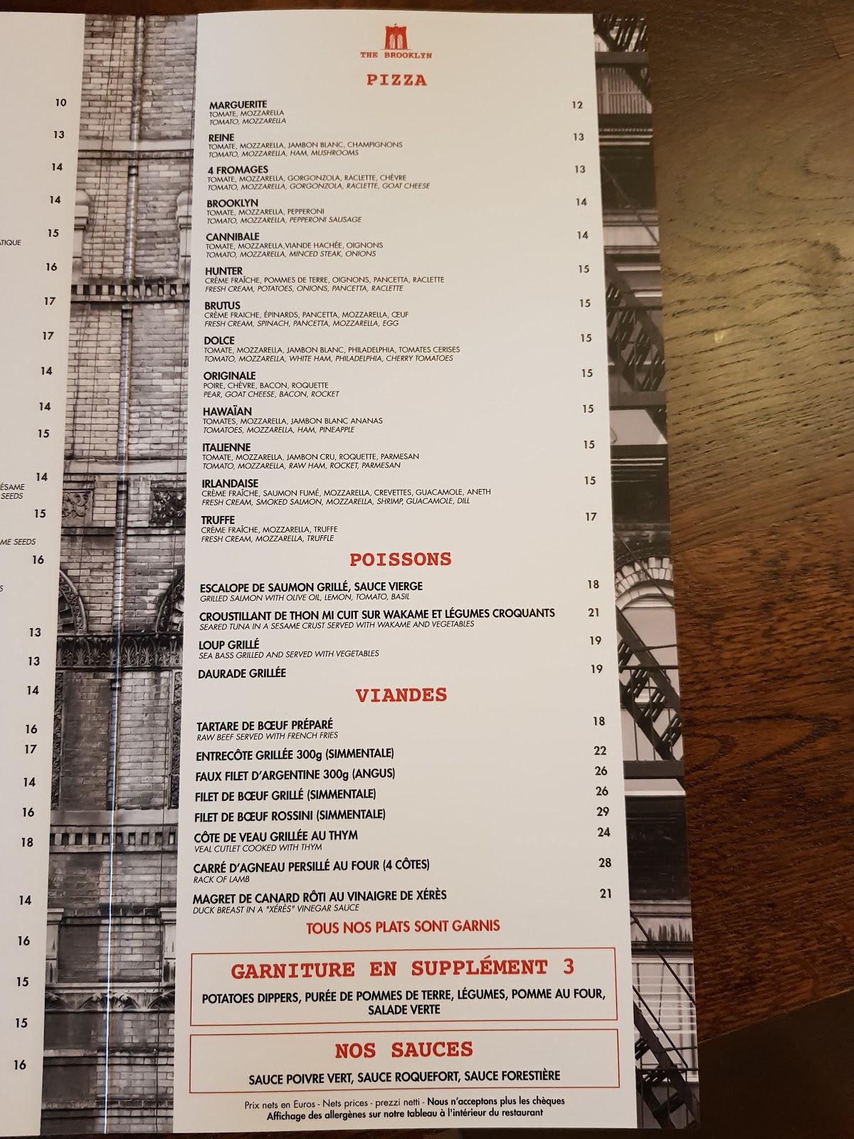 Menu at The Brooklyn restaurant, Antibes