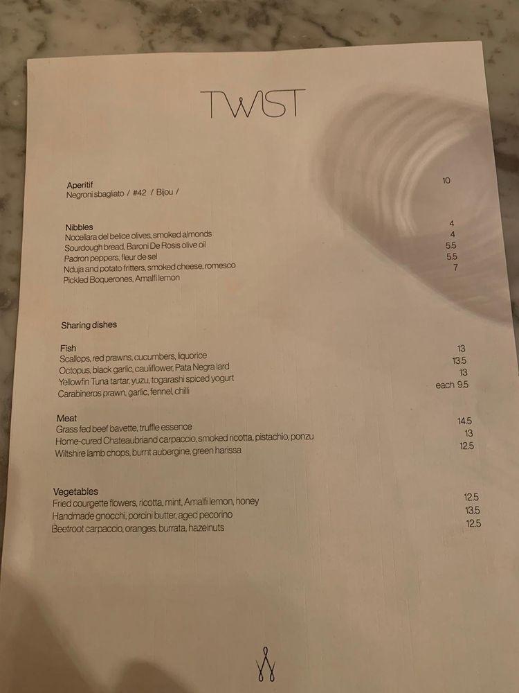 Menu at Twist Connubio pub & bar, London
