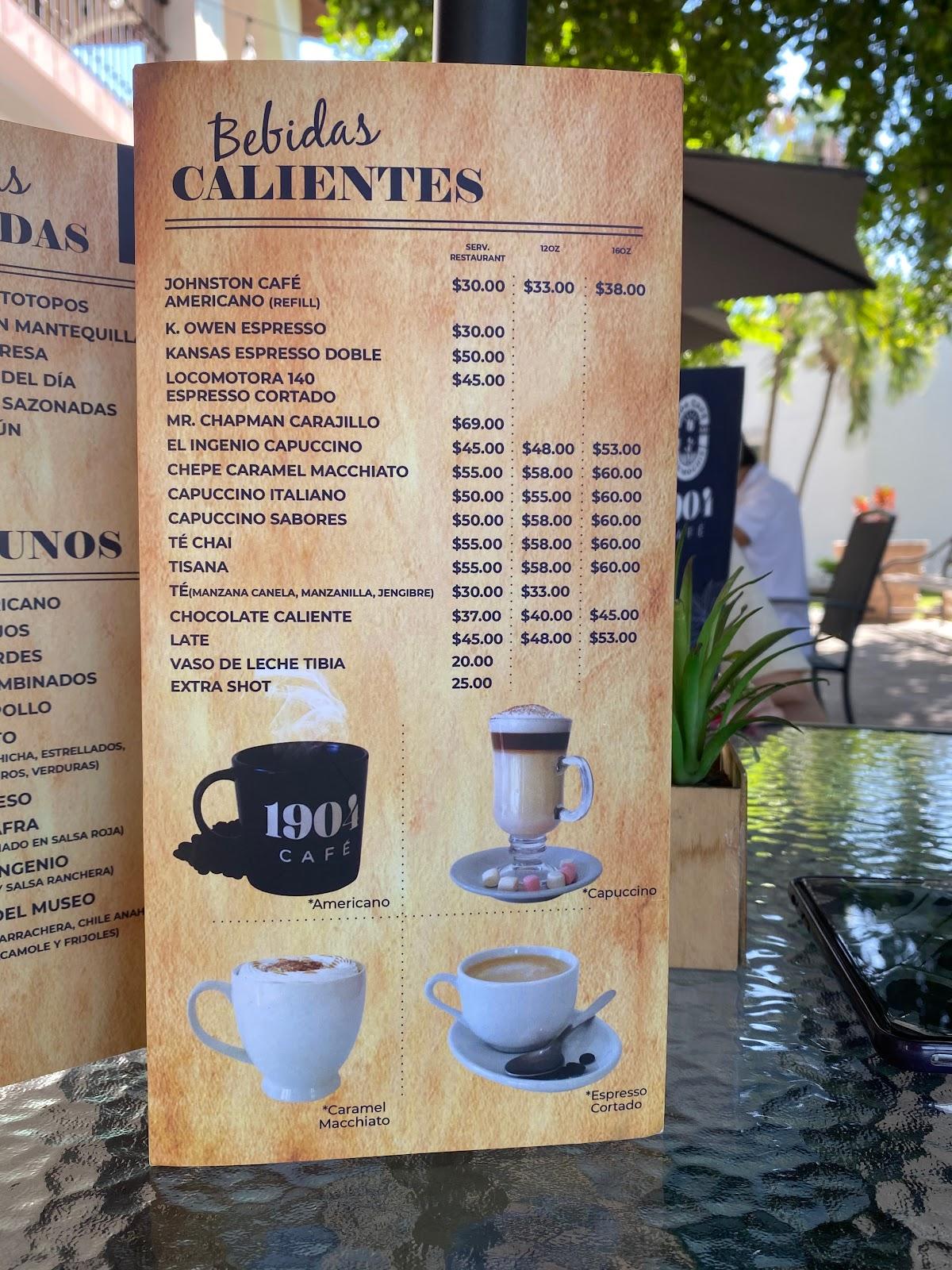 Menu at Café 1904, Los Mochis