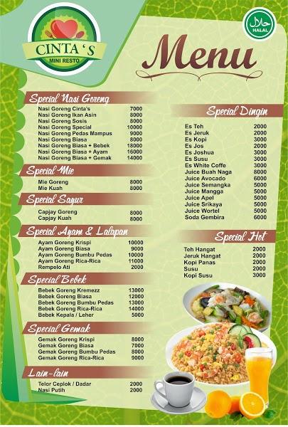 Menu at Cinta's Mini Resto restaurant, Kandat