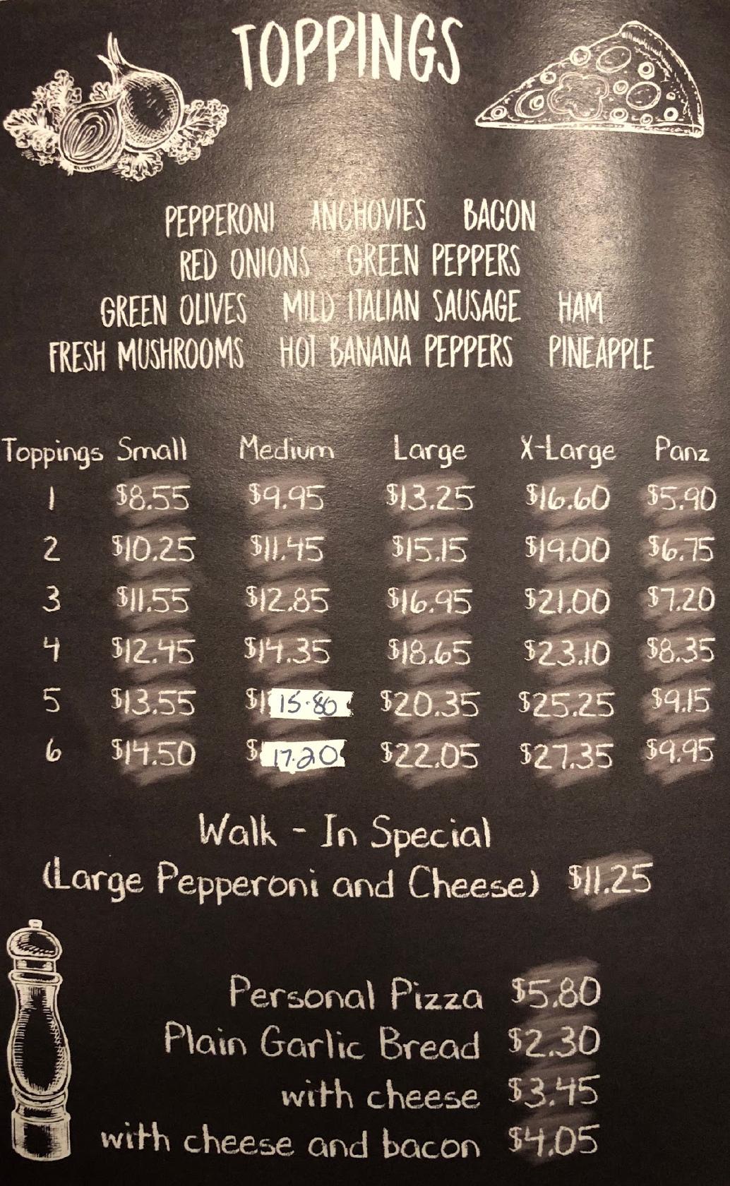 Menu at Francesco's Pizzeria, Timmins