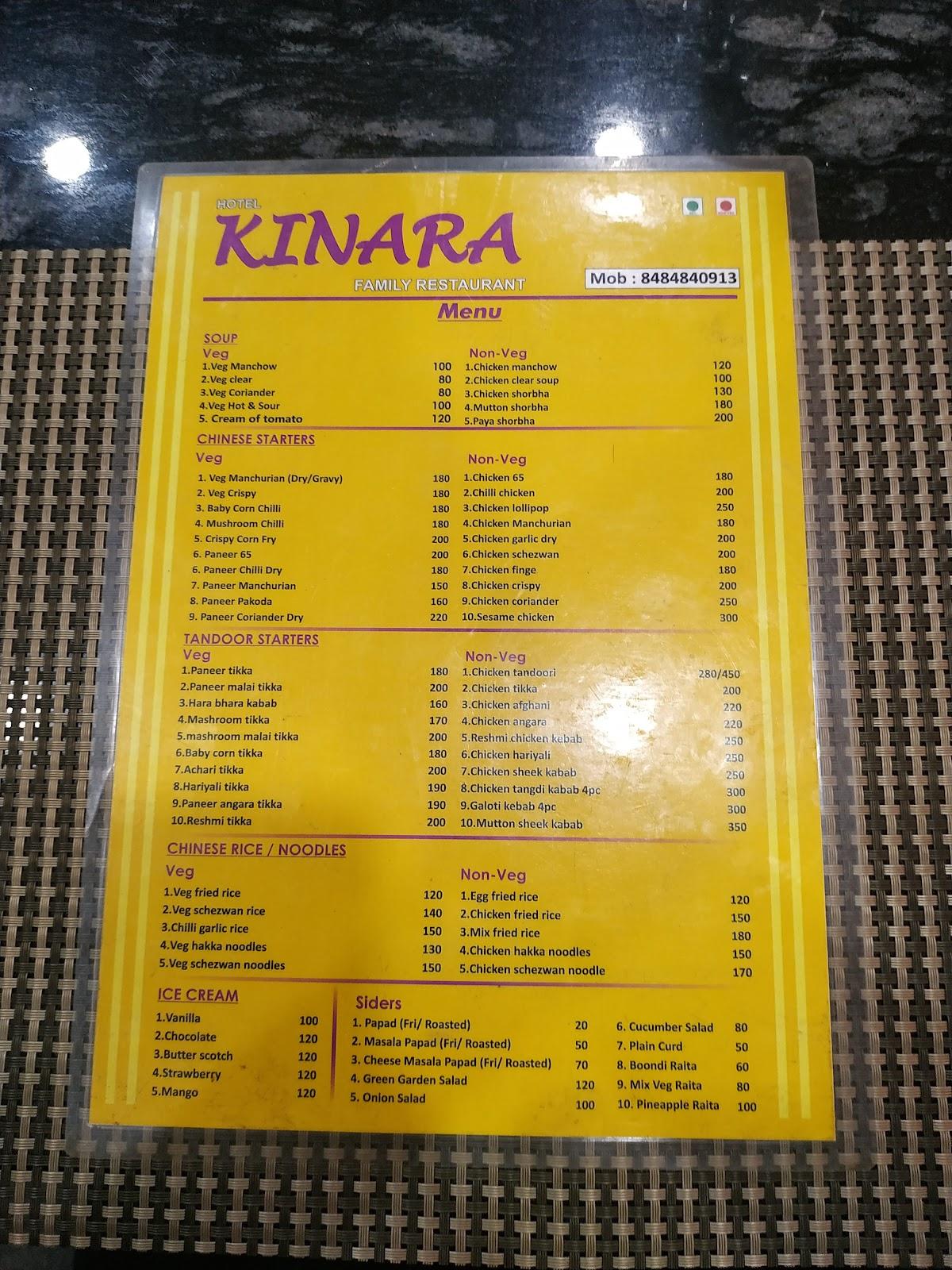 Menu at Hotel Kinara, Pimpri-Chinchwad, Mali Ali Rd